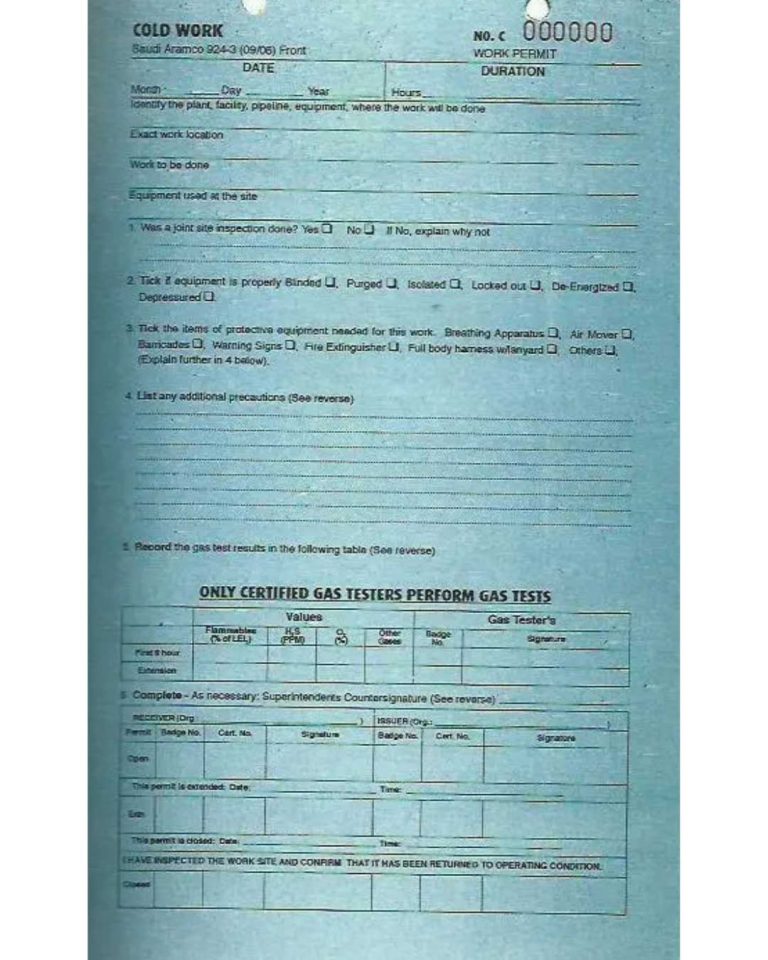Saudi Aramco Work Permit types | Confined space entry work Permit